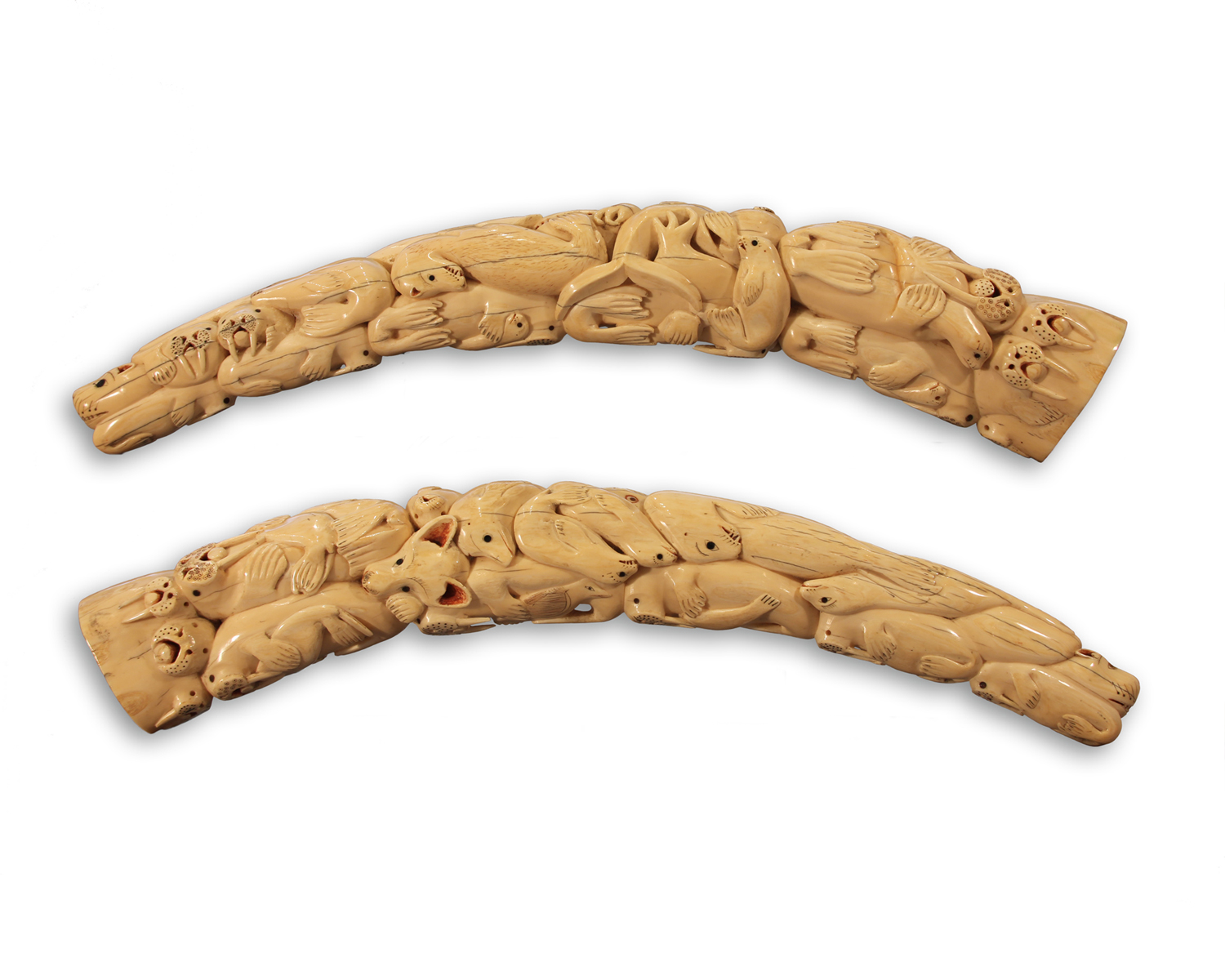 Nunivak island carved ivory tusk with walruses, seals, bears